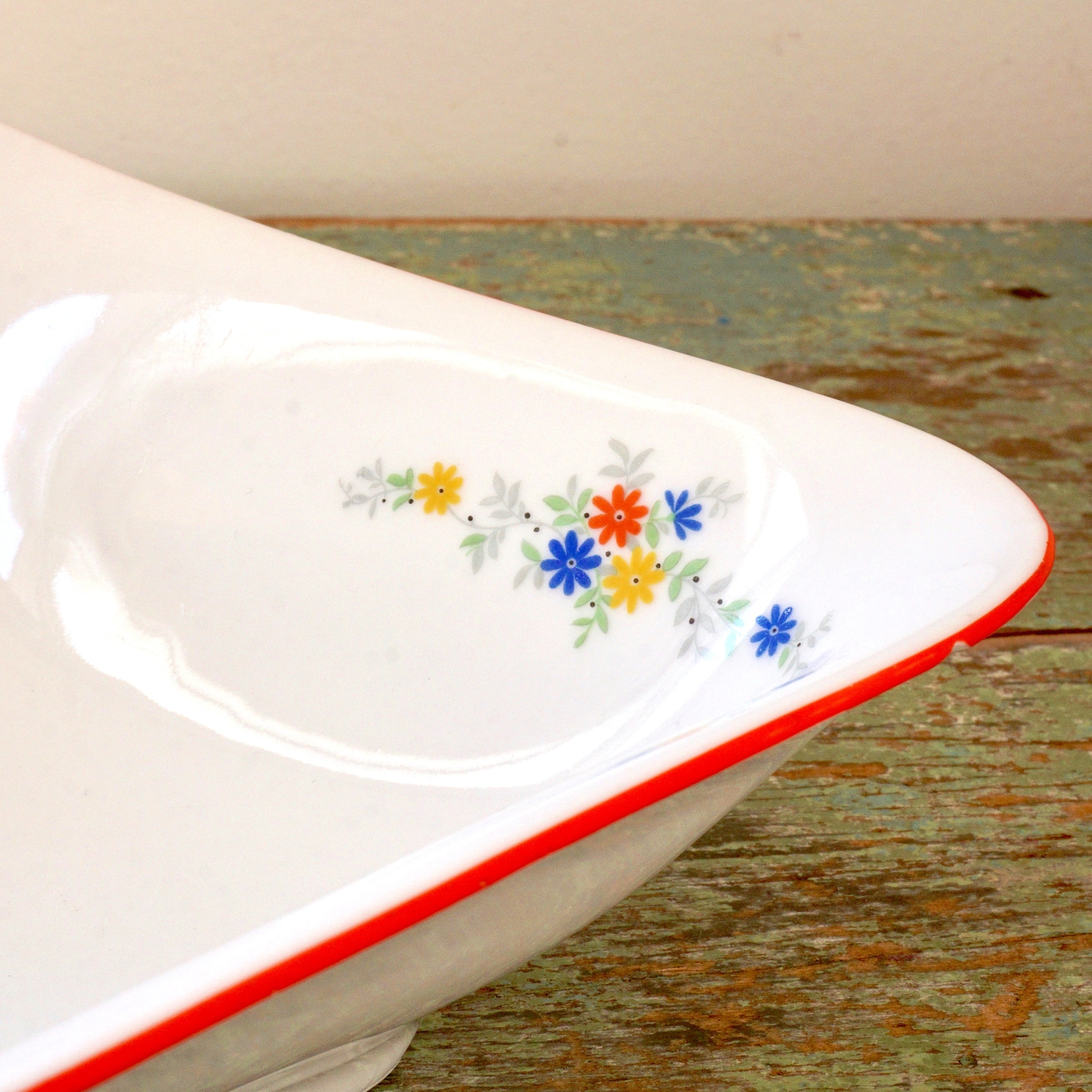 Vintage White Bowl Red Rim Tiny Floral Square Serving Bowl | Etsy