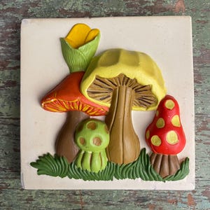 Vintage Mushroom Plaque Hand Painted 3D Toadstool Tile Ceramic Groovy ...