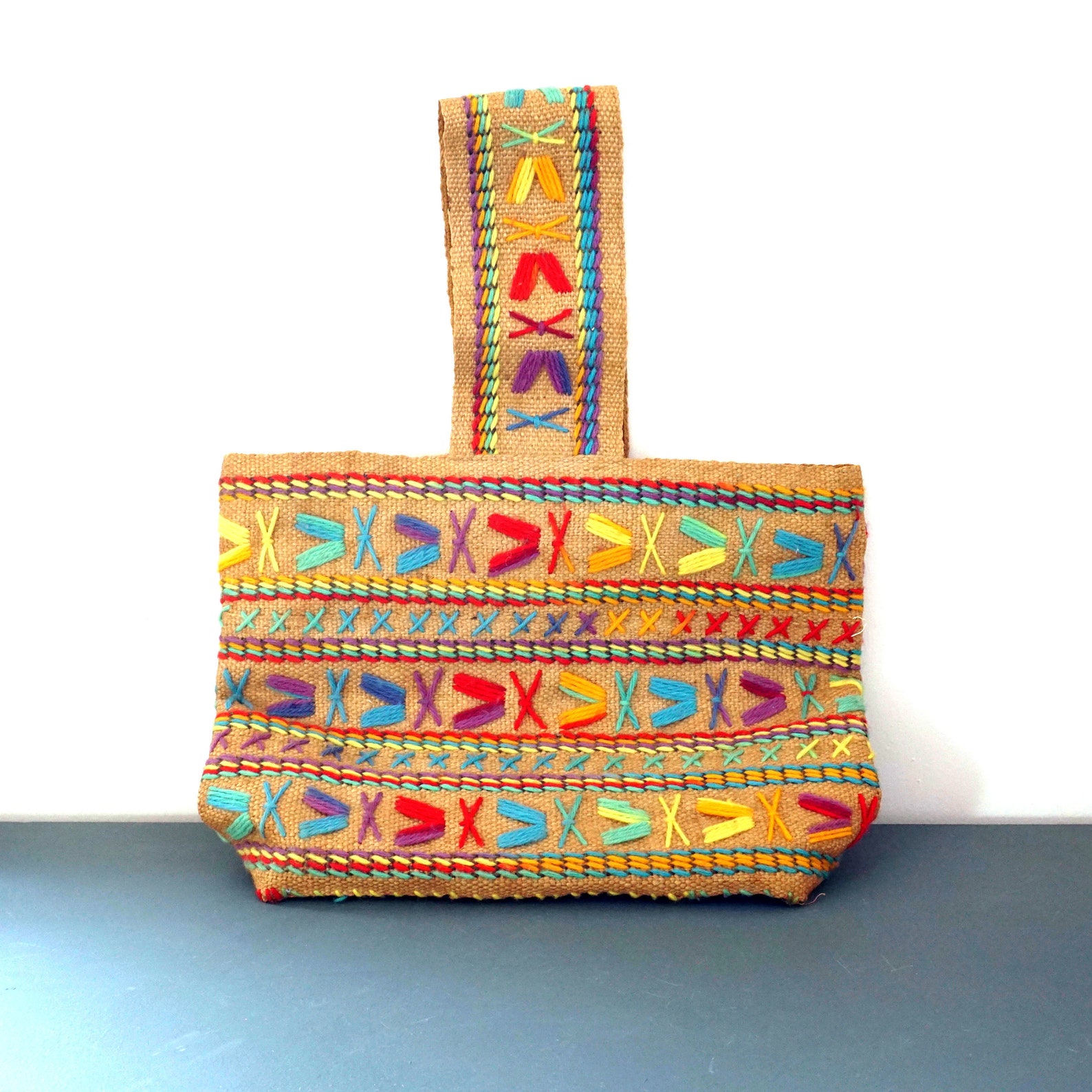 Vintage Handbag Rainbow Woven Purse Crewelwork Multicolor Yarn Beige ...