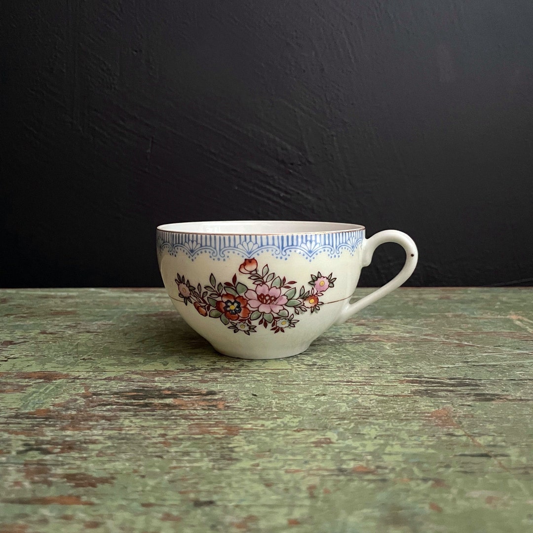 Vintage Tea Cup Pink Floral Hand Painted White Blue Rimmed Cup With ...