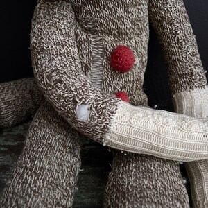 Vintage Sock Monkey Large Big Eyed Handmade Monkey Hand Stitched Wistful Eyes Eyelashes Pom Pom ...