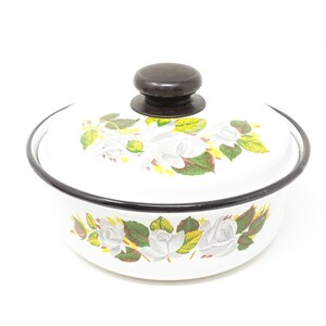 Vintage Enamel Pot Roses Design White Small Shallow Stock Pot W/ Lid ...