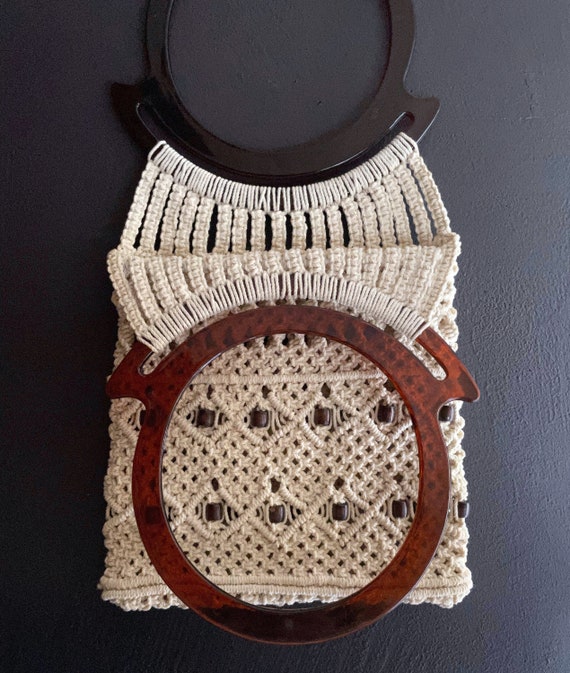Vintage Macrame Purse White with Dark Wood Beads Croc… - Gem