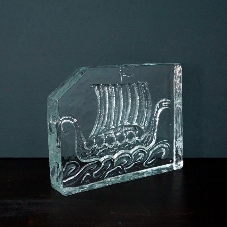 Vintage Viking Ship Glass Block Iceberg Large Clear Paperweight ...