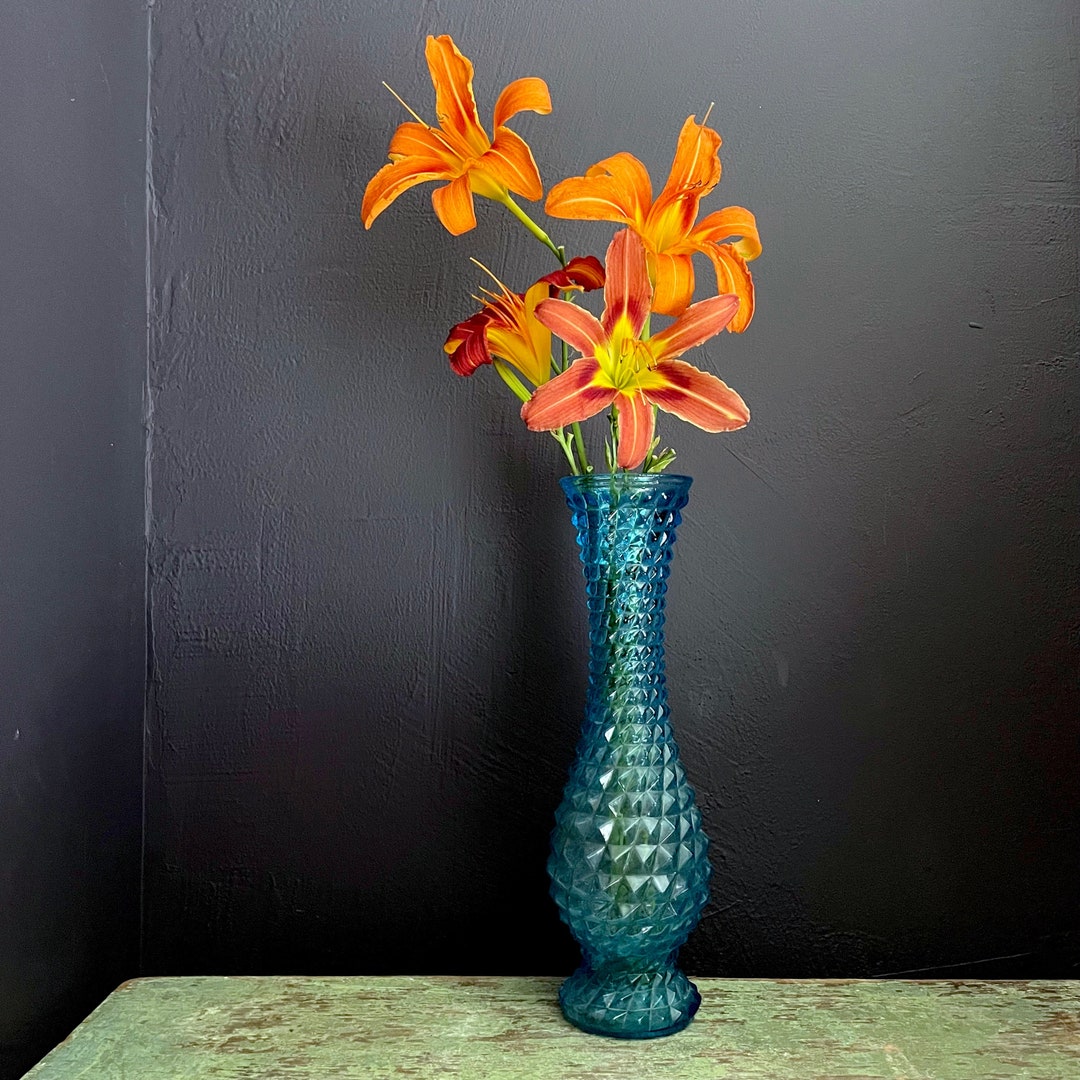Vintage Vase Aqua Blue Cut Glass Rossini Vase Turquoise Mid Century ...