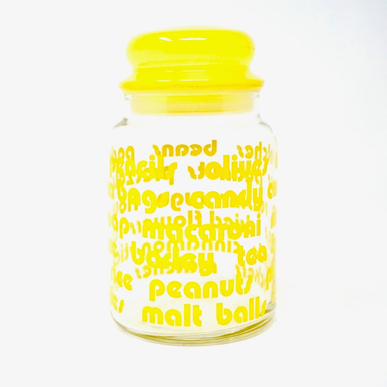 Vintage Canister Yellow Words Jar With Lid 1970s Glass - Etsy