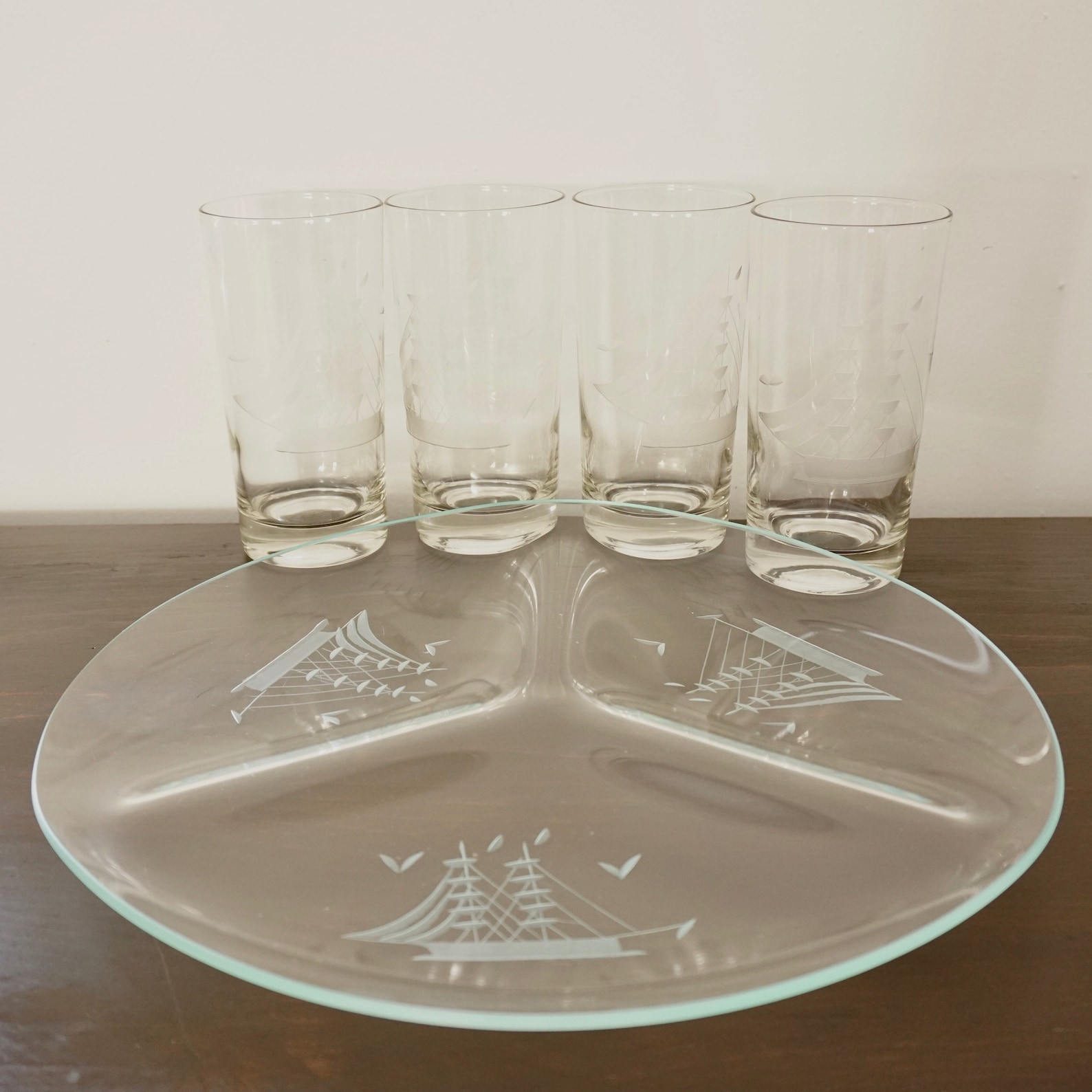 Vintage Glass Tray Etched Ships Round Divided Platter 3 | Etsy
