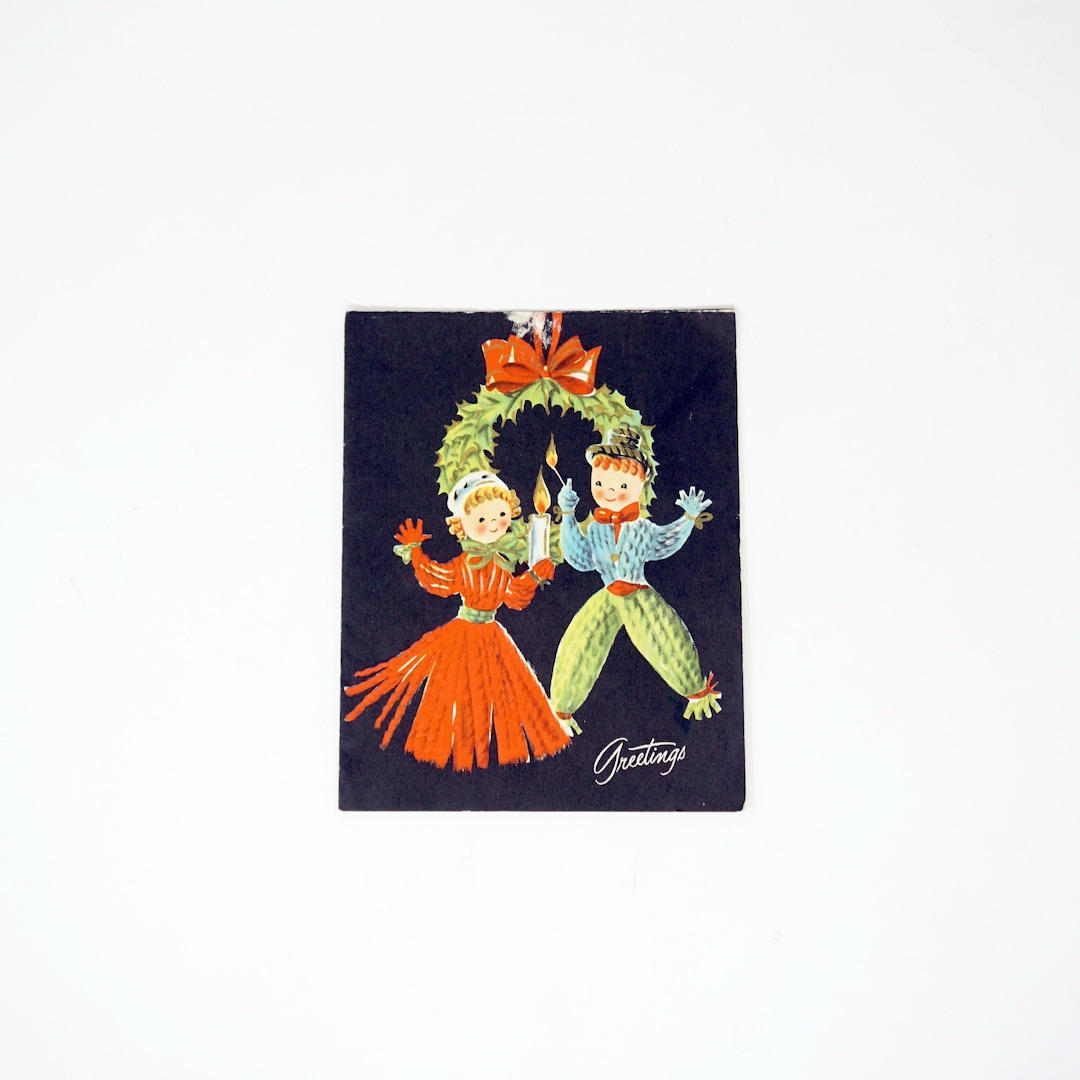 Vintage Christmas Card 50s Holiday Illustration Carolers Dolls Yule ...