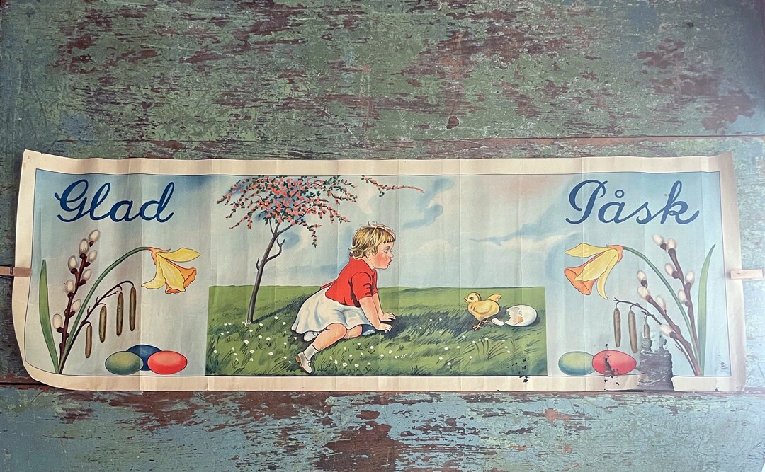 Vintage Swedish Easter Poster Glad Pask Print Spring Scene Hatching ...