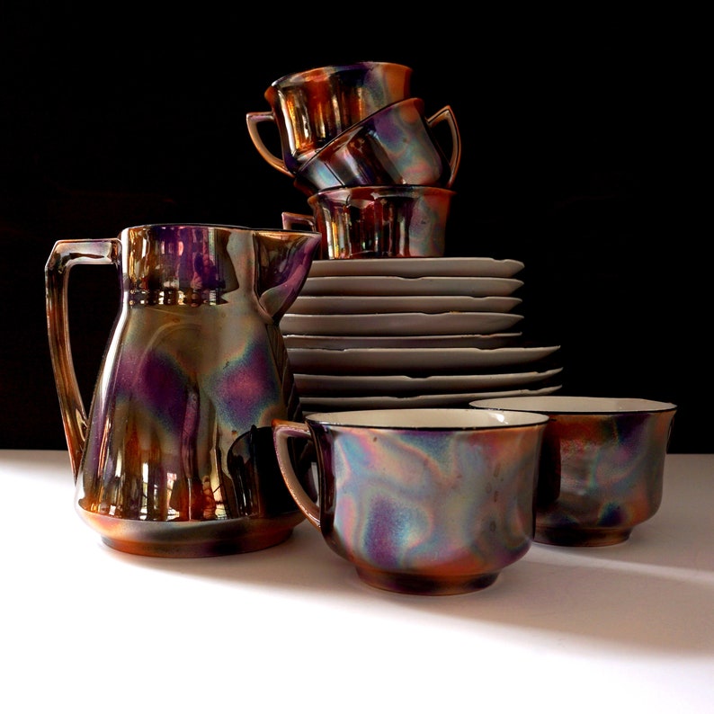 Vintage Lusterware Dinnerware Orange Purple Pitcher 5 Cup and - Etsy