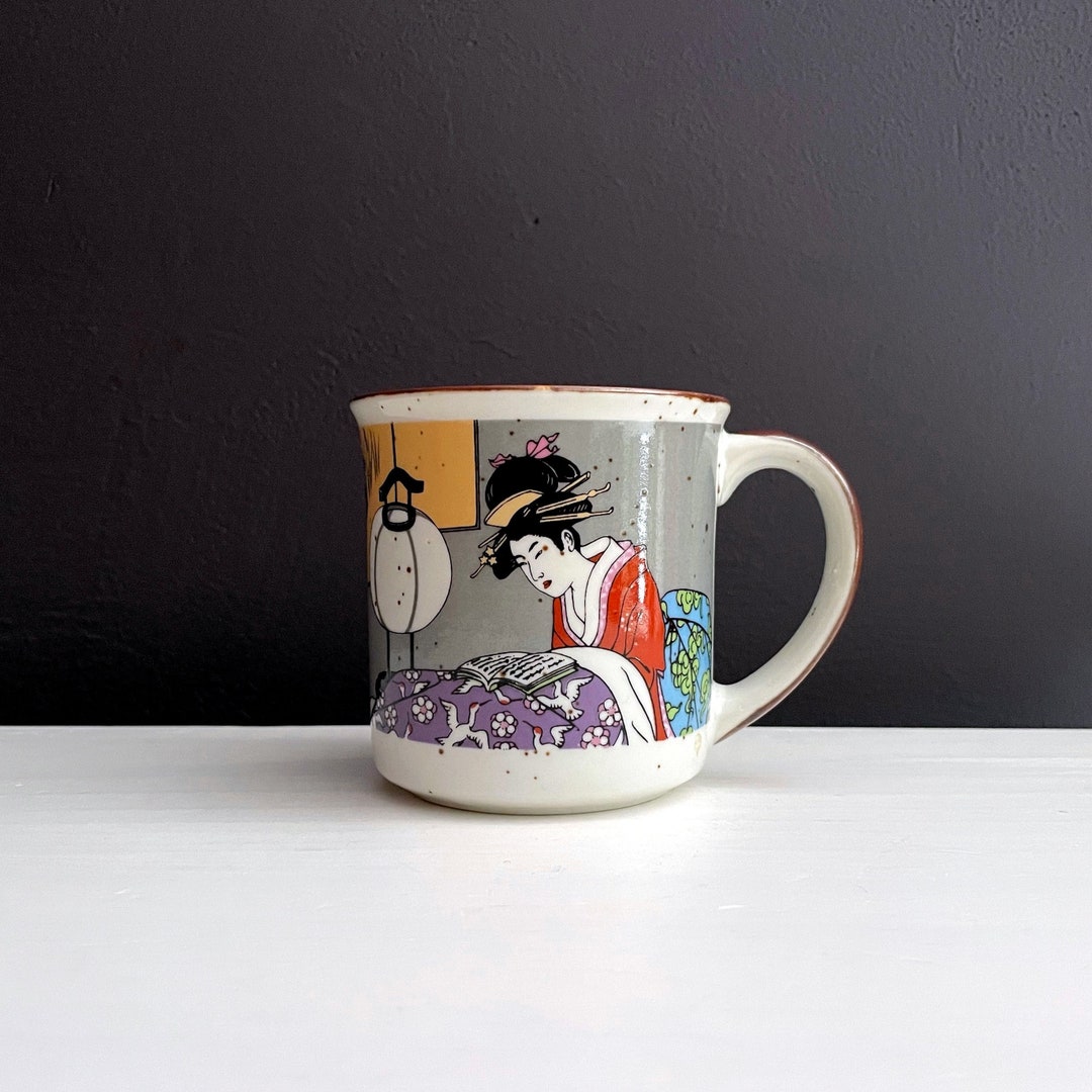 Vintage Geisha Mug Stoneware Japanese Woman Reading in Bed Glazed ...