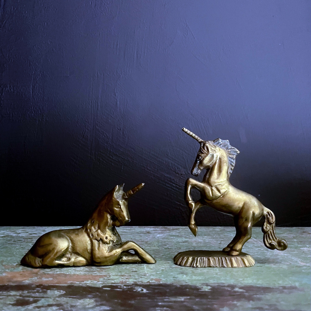 Vintage Unicorns Brass Pair of Mythical Horned Horses Figurines Unicorn Sitting and Leaping ...