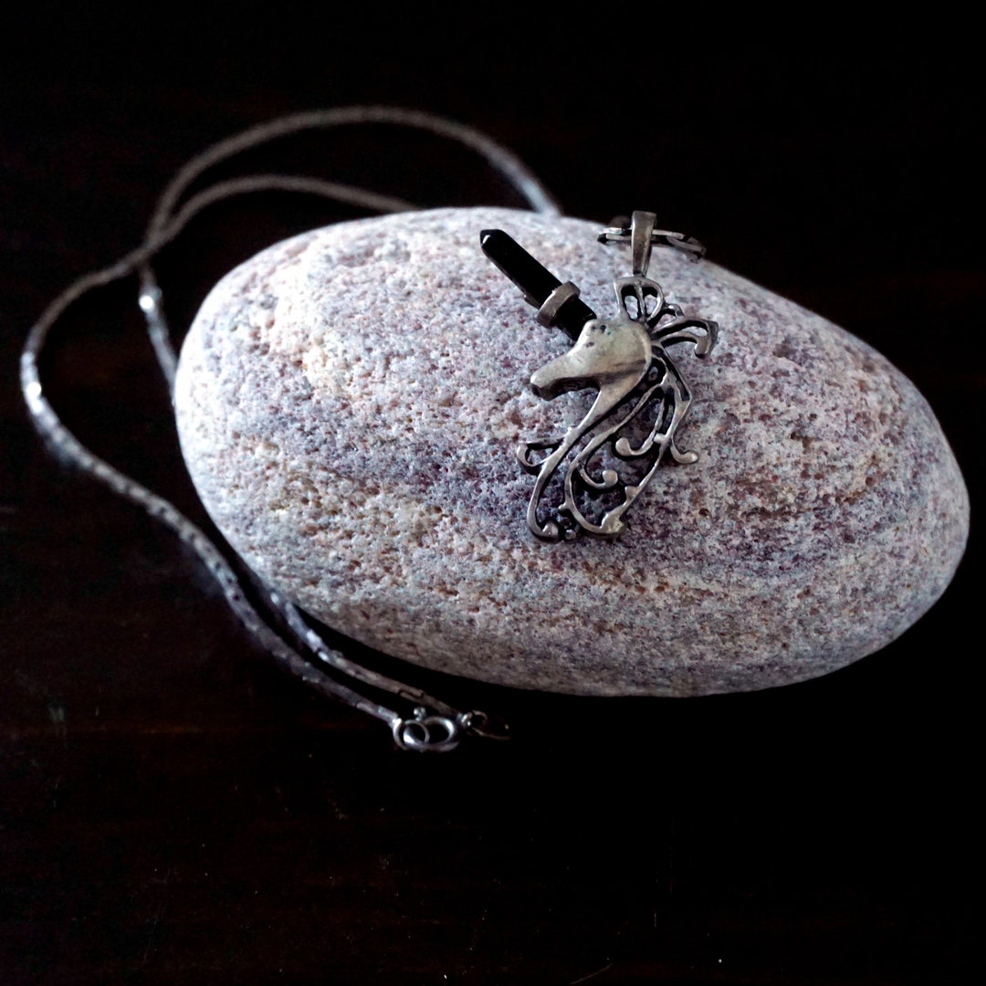 Vintage Unicorn Pendant and Chain Necklace Silver Black Onyx Horn ...
