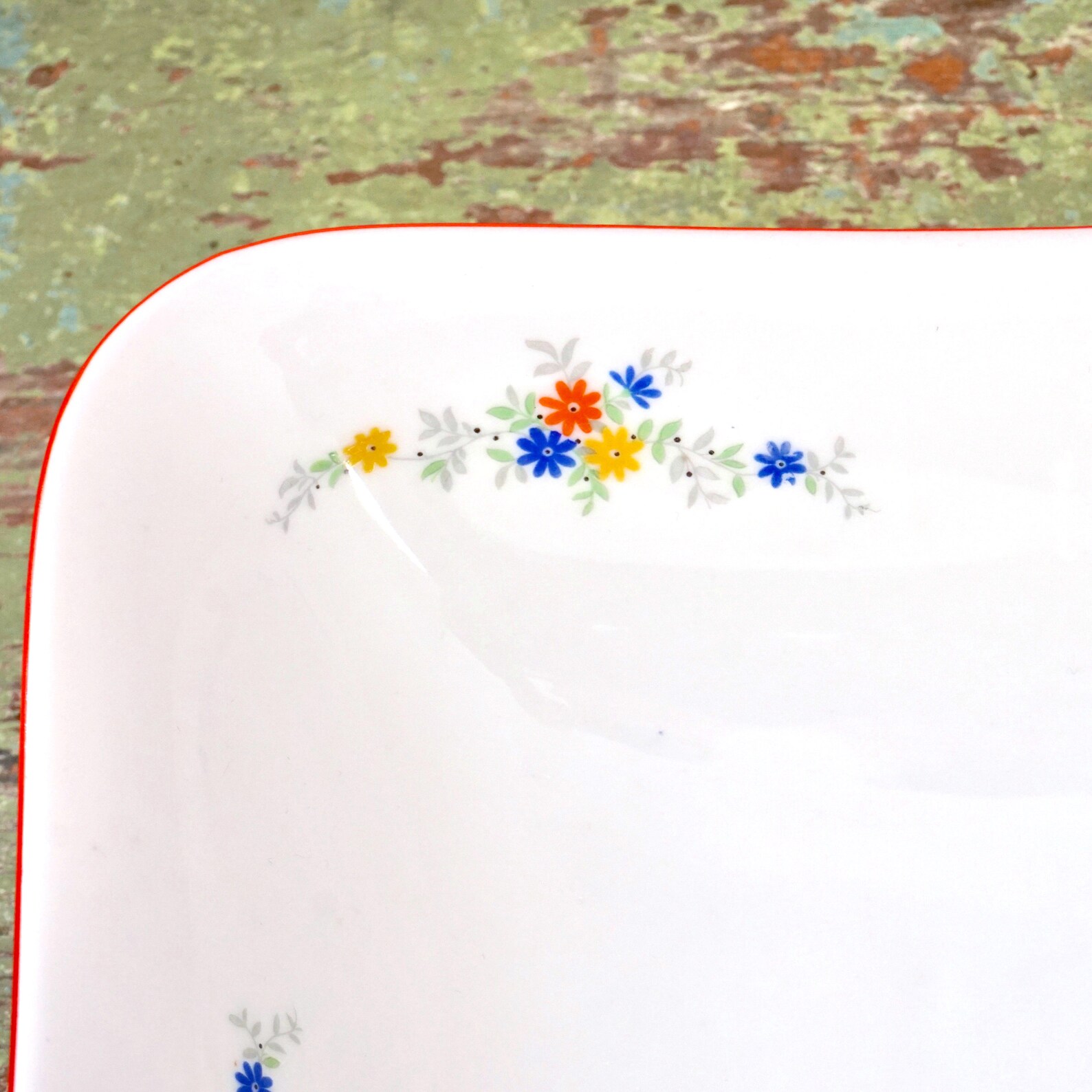 Vintage White Bowl Red Rim Tiny Floral Square Serving Bowl - Etsy