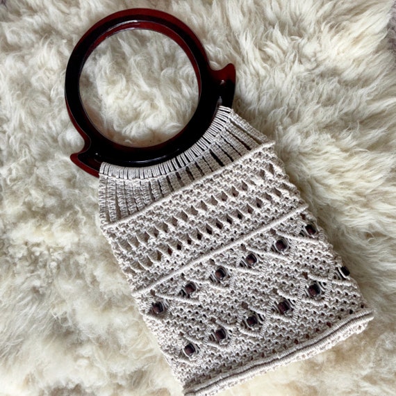 Vintage Macrame Purse White with Dark Wood Beads Croc… - Gem