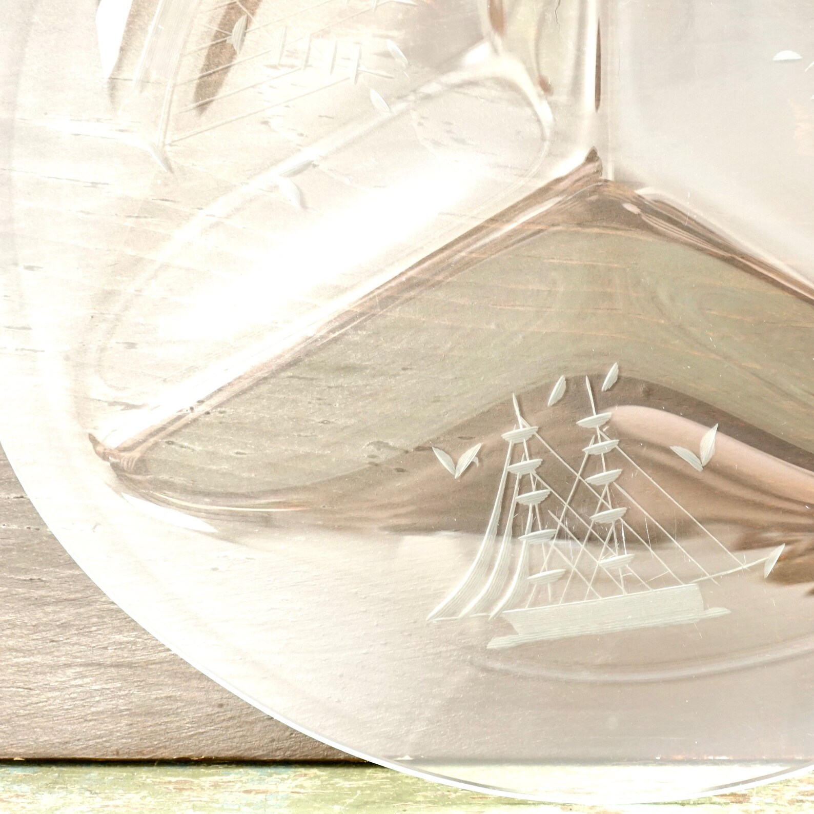 Vintage Glass Tray Etched Ships Round Divided Platter 3 | Etsy