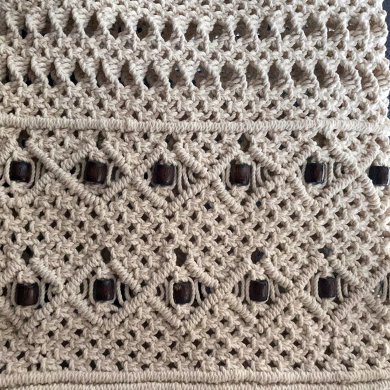 Vintage Macrame Purse White with Dark Wood Beads Croc… - Gem