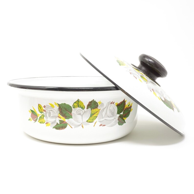 Vintage Enamel Pot Roses Design White Small Shallow Stock Pot - Etsy