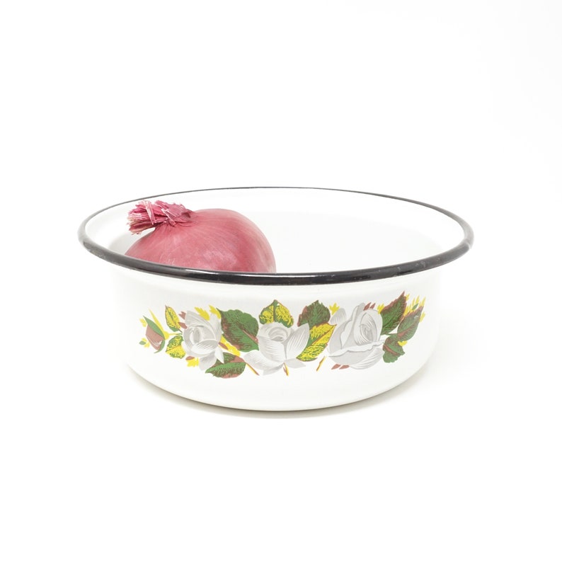 Vintage Enamel Pot Roses Design White Small Shallow Stock Pot - Etsy