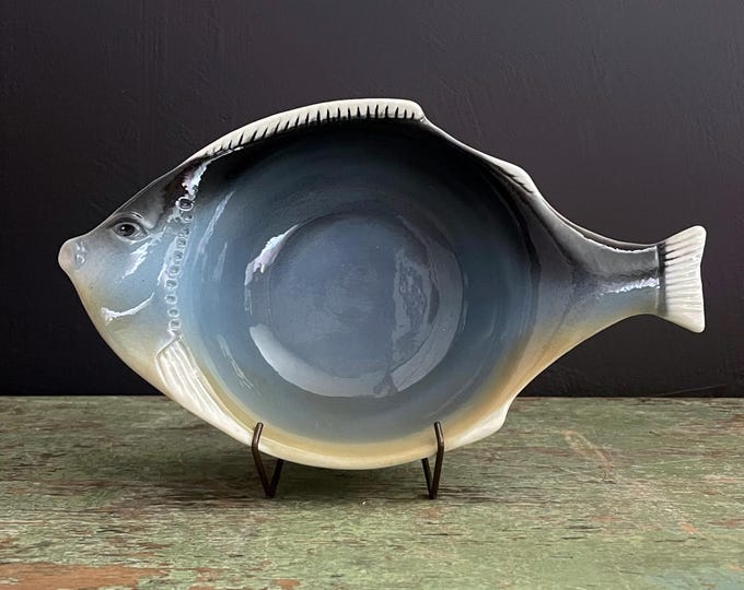 Vintage Fish Bowl Blue Glazed Pottery Flat Earth Pottery Fish Shaped ...