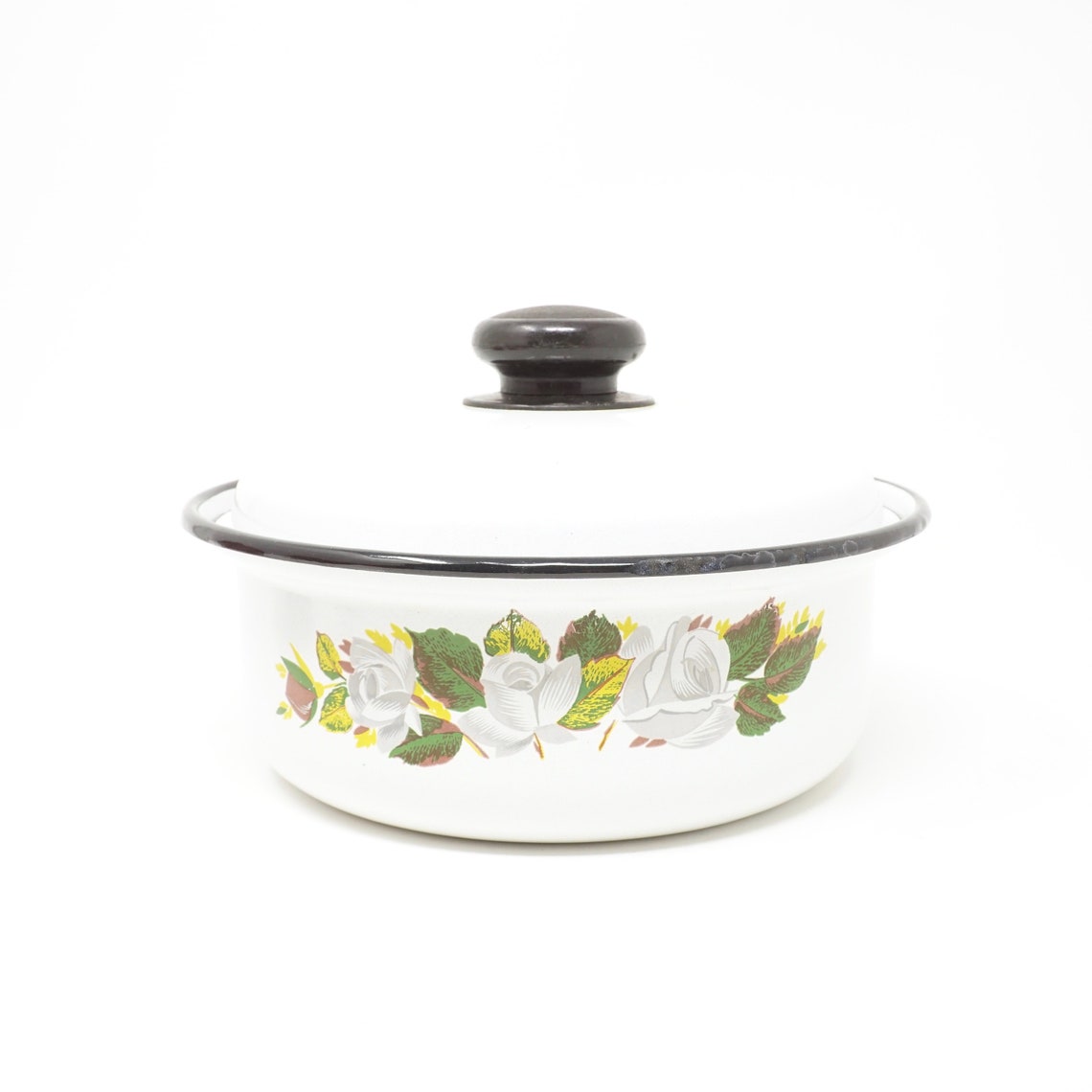 Vintage Enamel Pot Roses Design White Small Shallow Stock Pot | Etsy