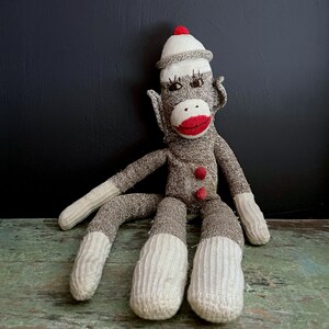 Vintage Sock Monkey Large Big Eyed Handmade Monkey Hand Stitched Wistful Eyes Eyelashes Pom Pom ...