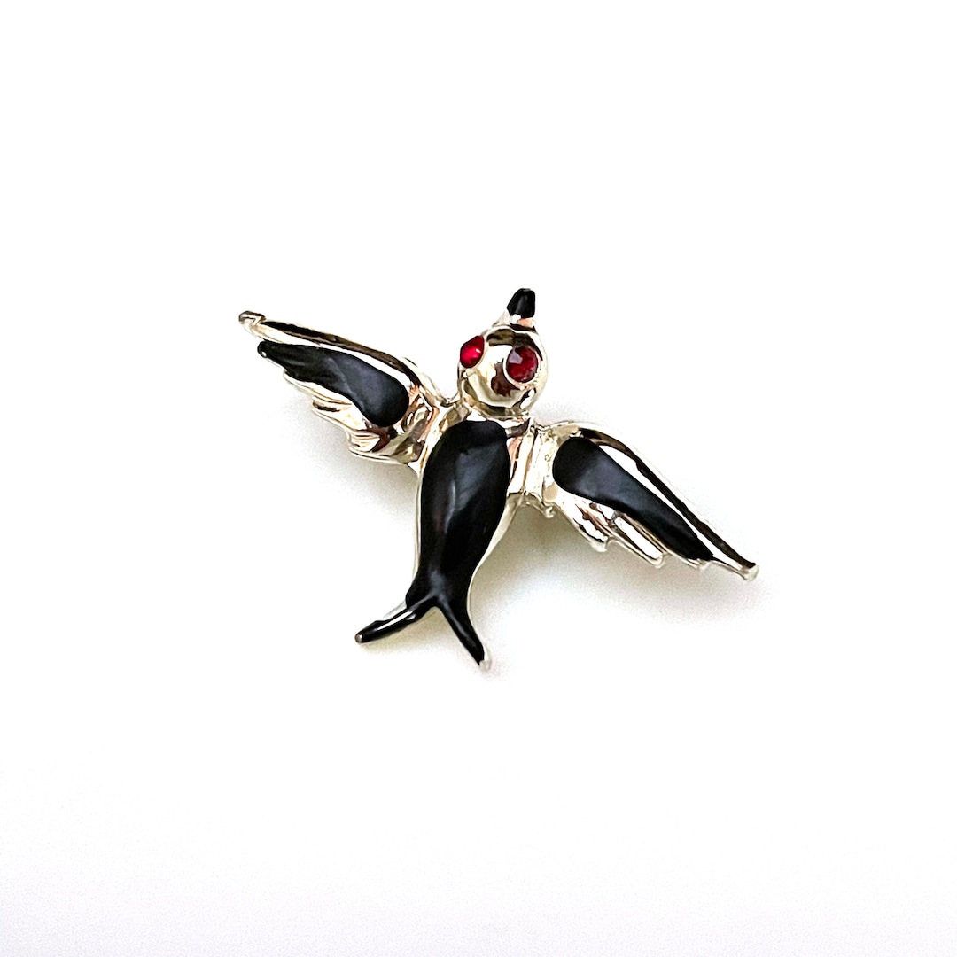 Vintage Sparrow Pin Tiny Starling Brooch Bird Black Enameled Silver ...