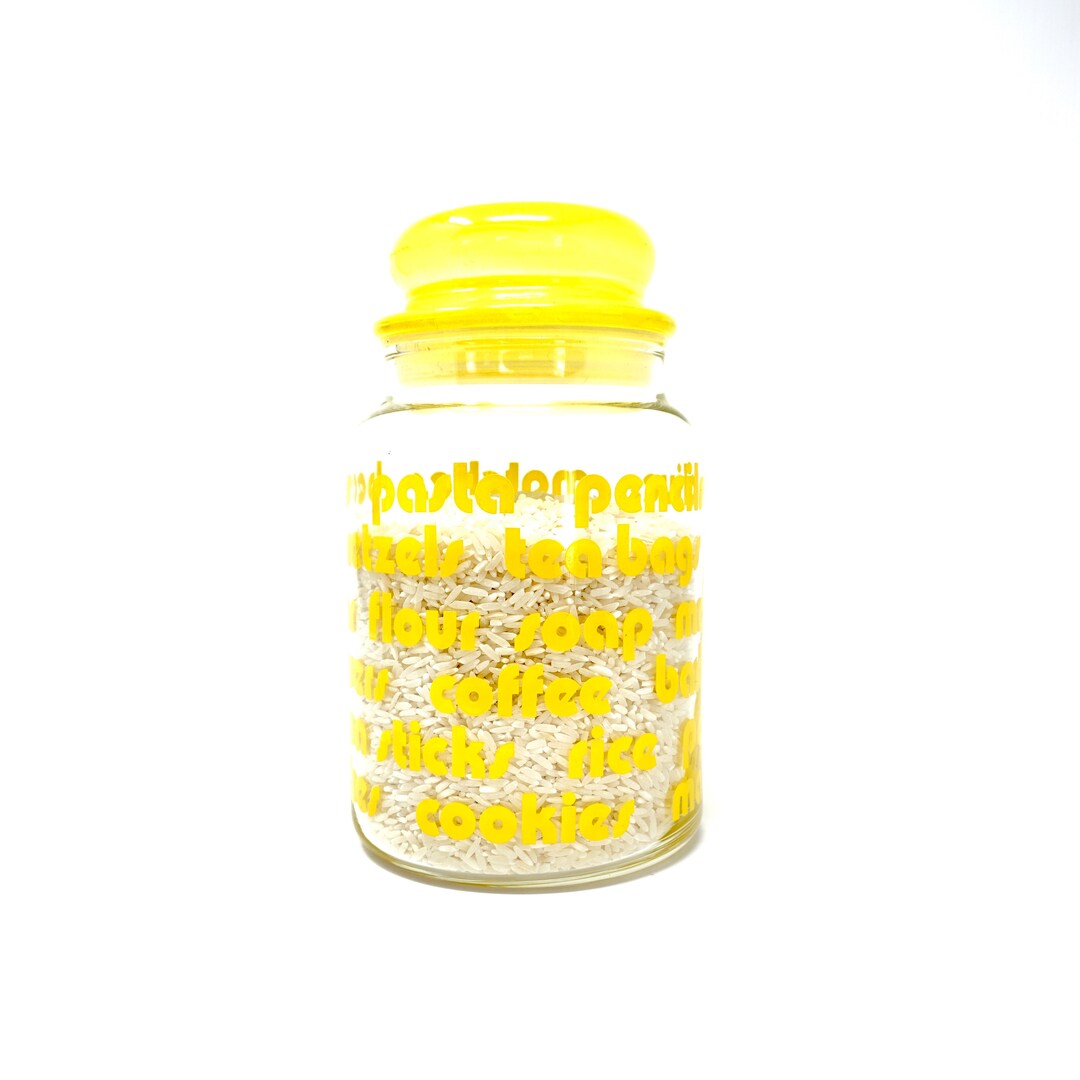 Vintage Canister Yellow Words Jar With Lid 1970s Glass Container for ...