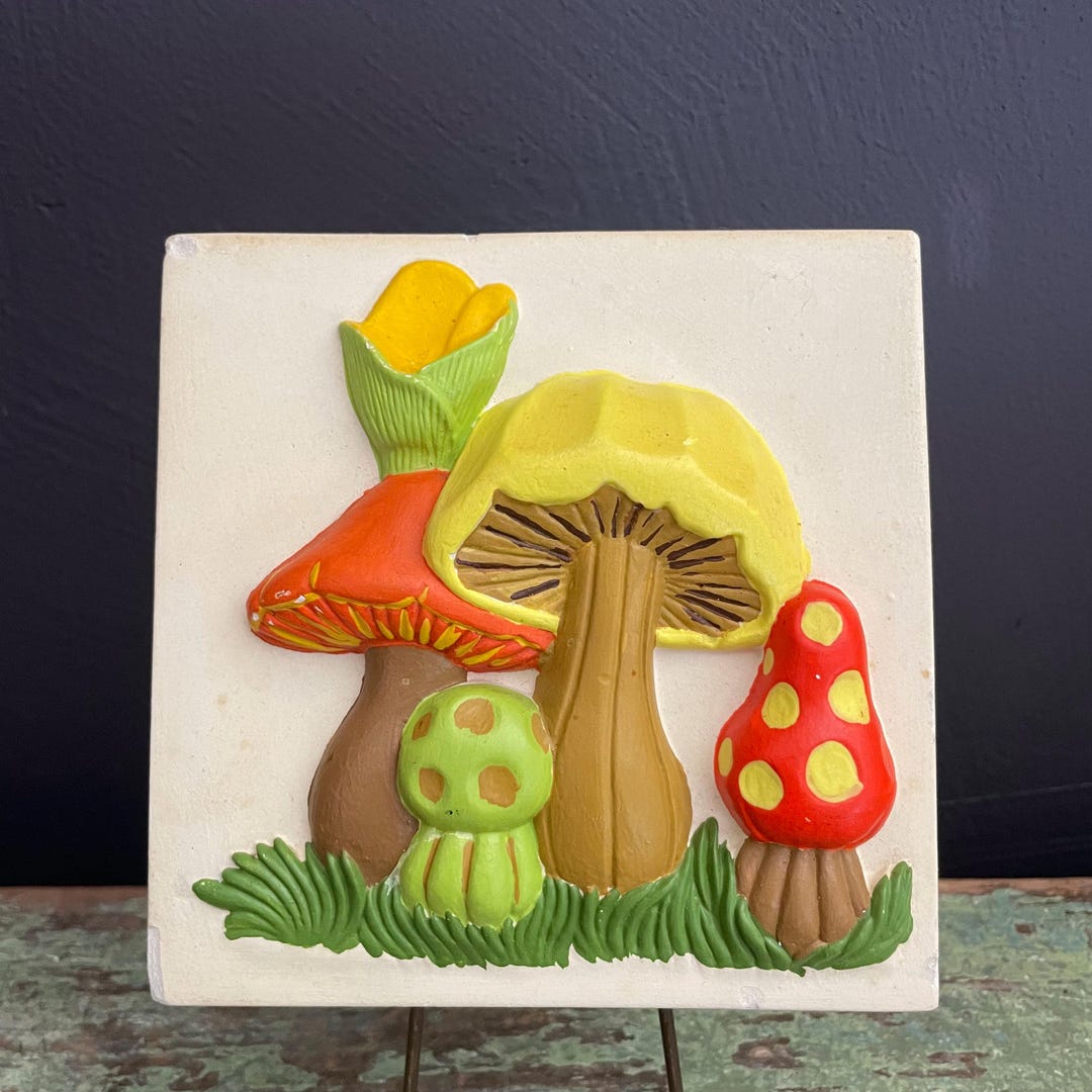 Vintage Mushroom Plaque Hand Painted 3D Toadstool Tile Ceramic Groovy ...