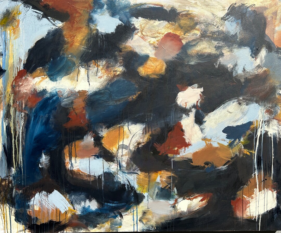 Abstract Art Large Original Painting Navy Blue Black Yellow Ochre Raw ...