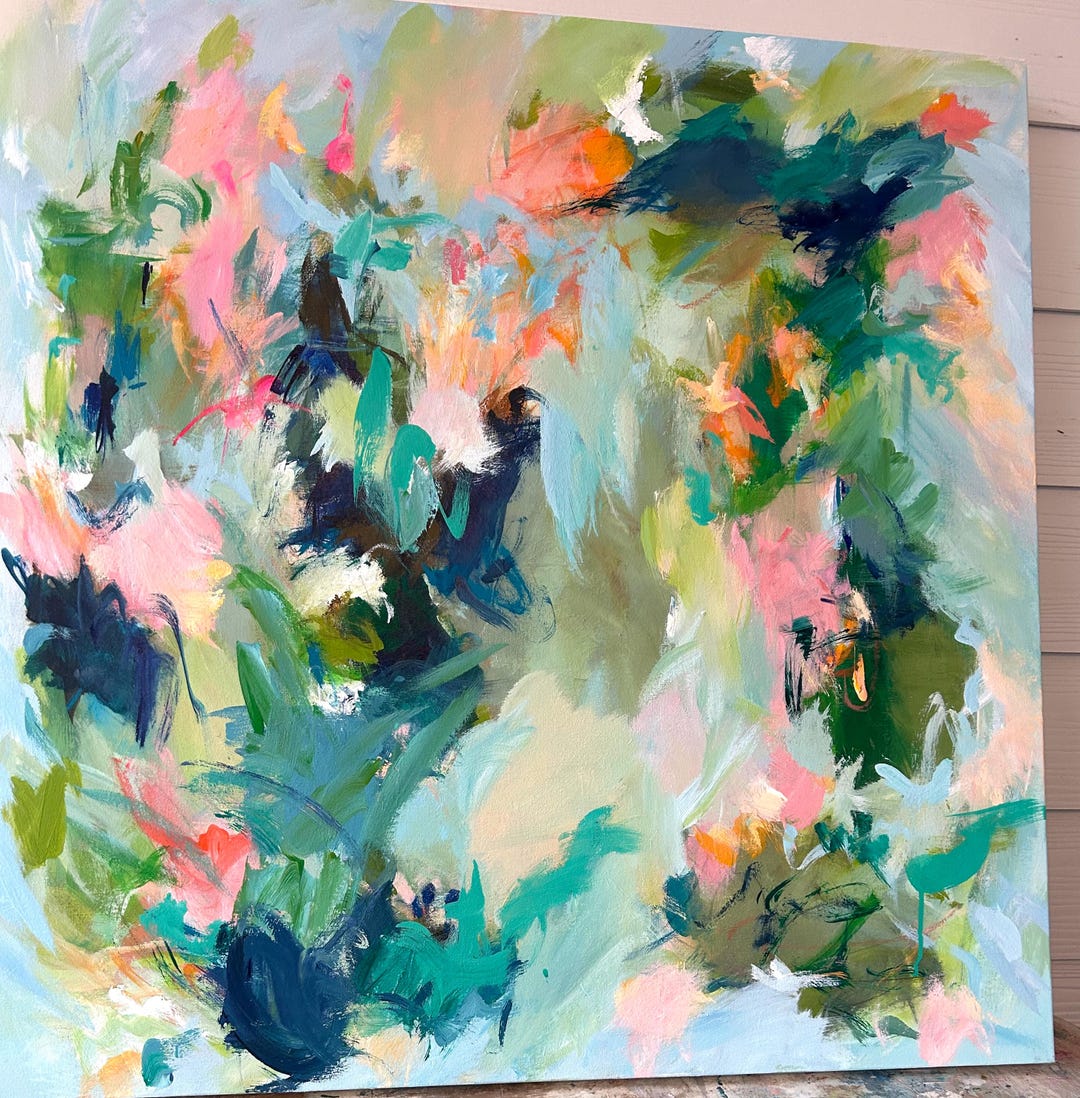 Abstract Floral Art Original Painting Focal Art Turquoise Blue Green ...