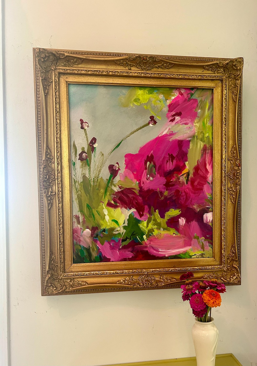 Abstract Art Original Floral Painting Gallery Wall Neon Pink Lime Green ...