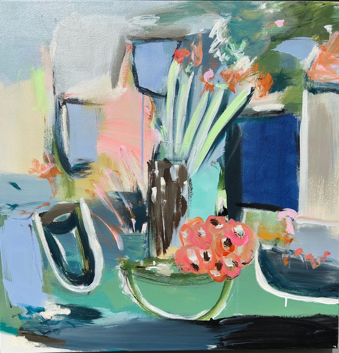 Abstract Art Original Still Life Painting Quirky Gallery Wall Green ...