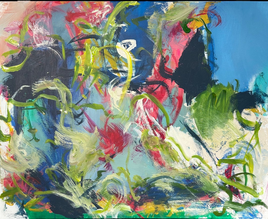 Original Abstract Art Painting Gallery Wall Home Decor Blue Lime Green ...
