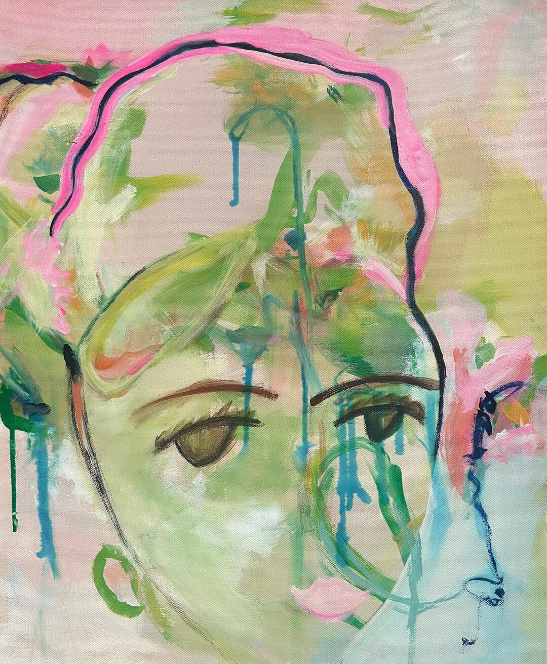 Abstract Portrait Face Art Original Girl Woman Gallery Wall Lime Green ...