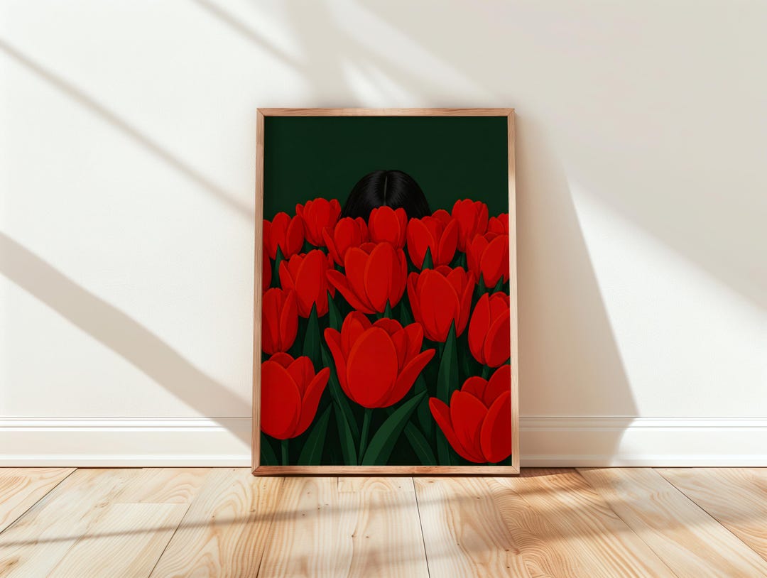 Dramatic Red Tulip Cluster, Modern Botanical Illustration, Minimalist ...