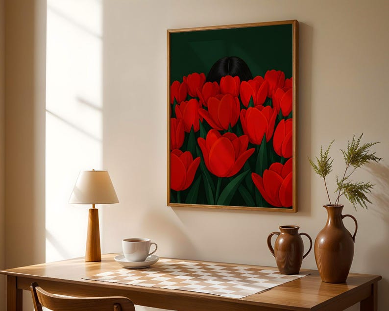 Dramatic Red Tulip Cluster, Modern Botanical Illustration, Minimalist ...