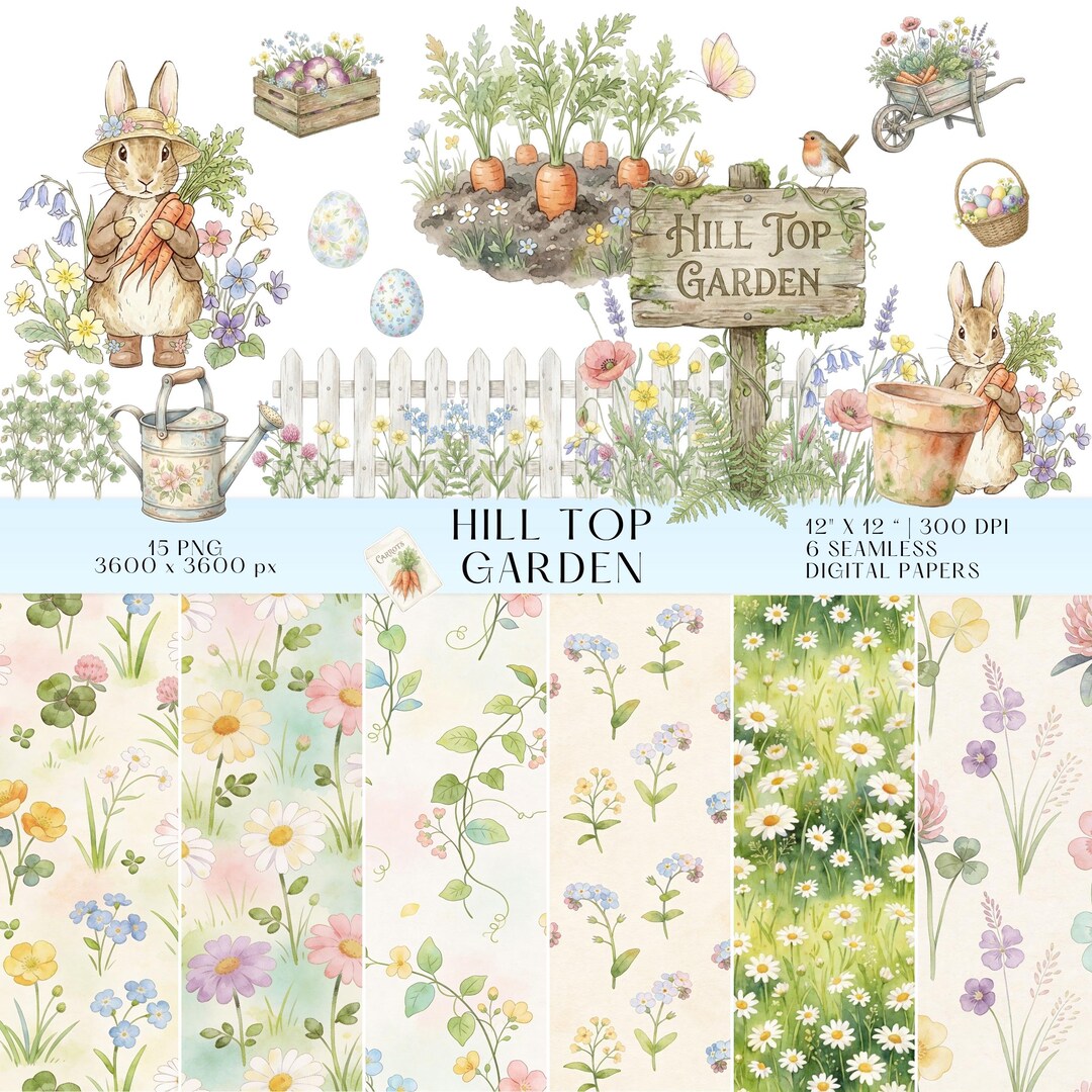 Cottagecore Digital Papers: Watercolor Spring Bunnies, Floral Clipart ...