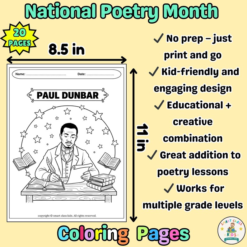 Poetry Month Coloring Pages for Kids | Famous Poets Printable Activity ...