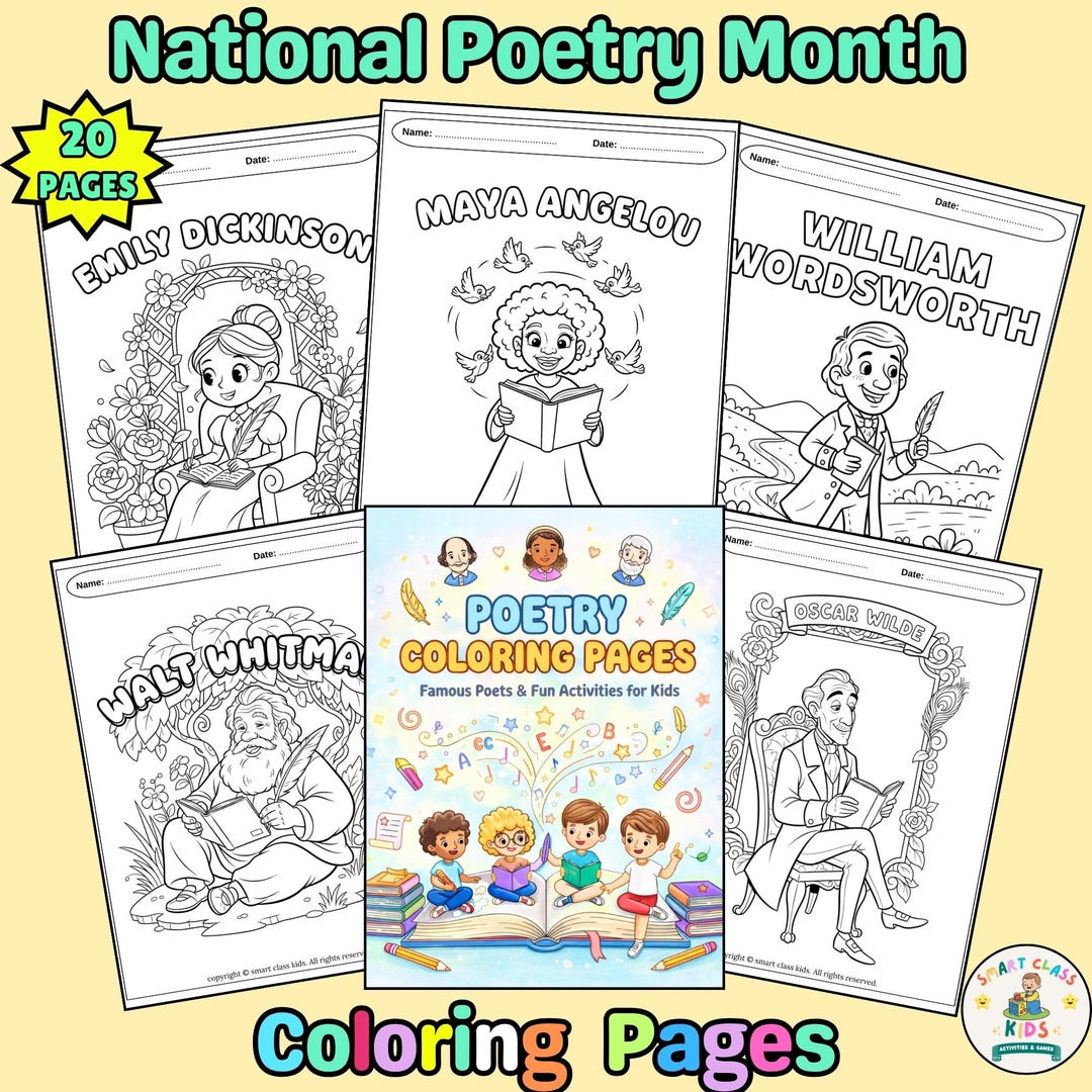 Poetry Month Coloring Pages for Kids | Famous Poets Printable Activity ...