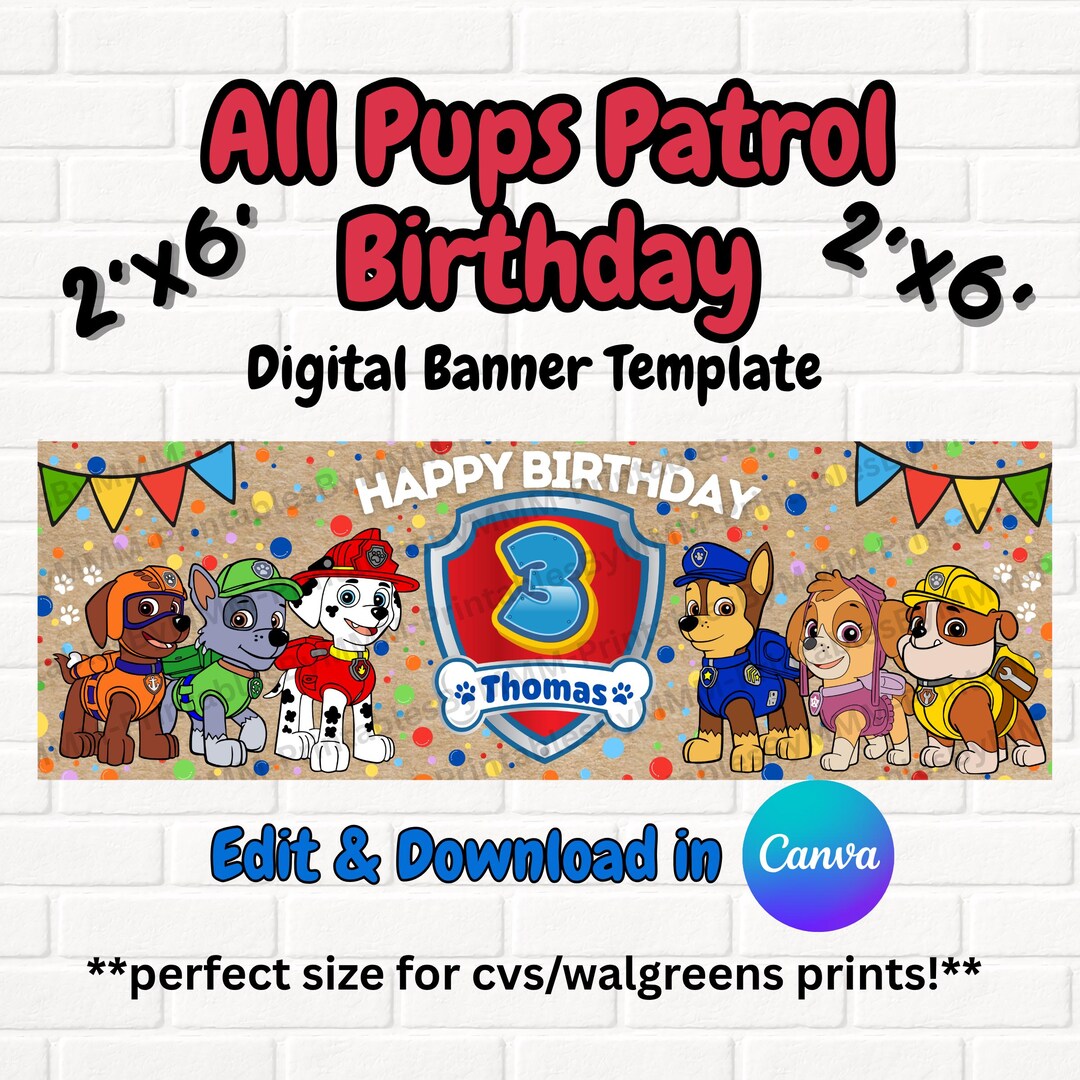 All Pup Patrol Paw Prints Birthday Banner Digital Template 2x6 - Etsy