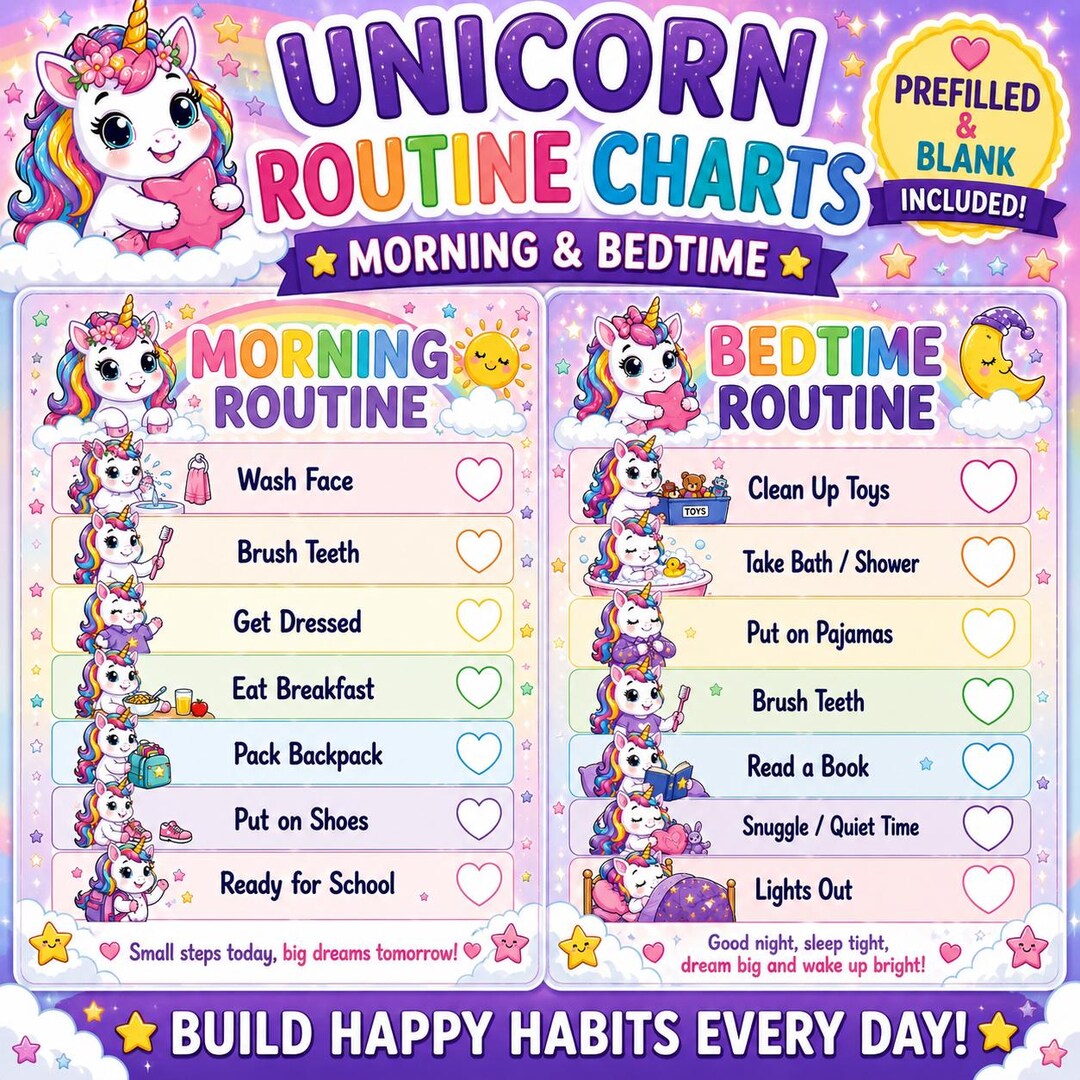 Unicorn Routine Chart Printable, Morning & Bedtime Routine for Kids ...