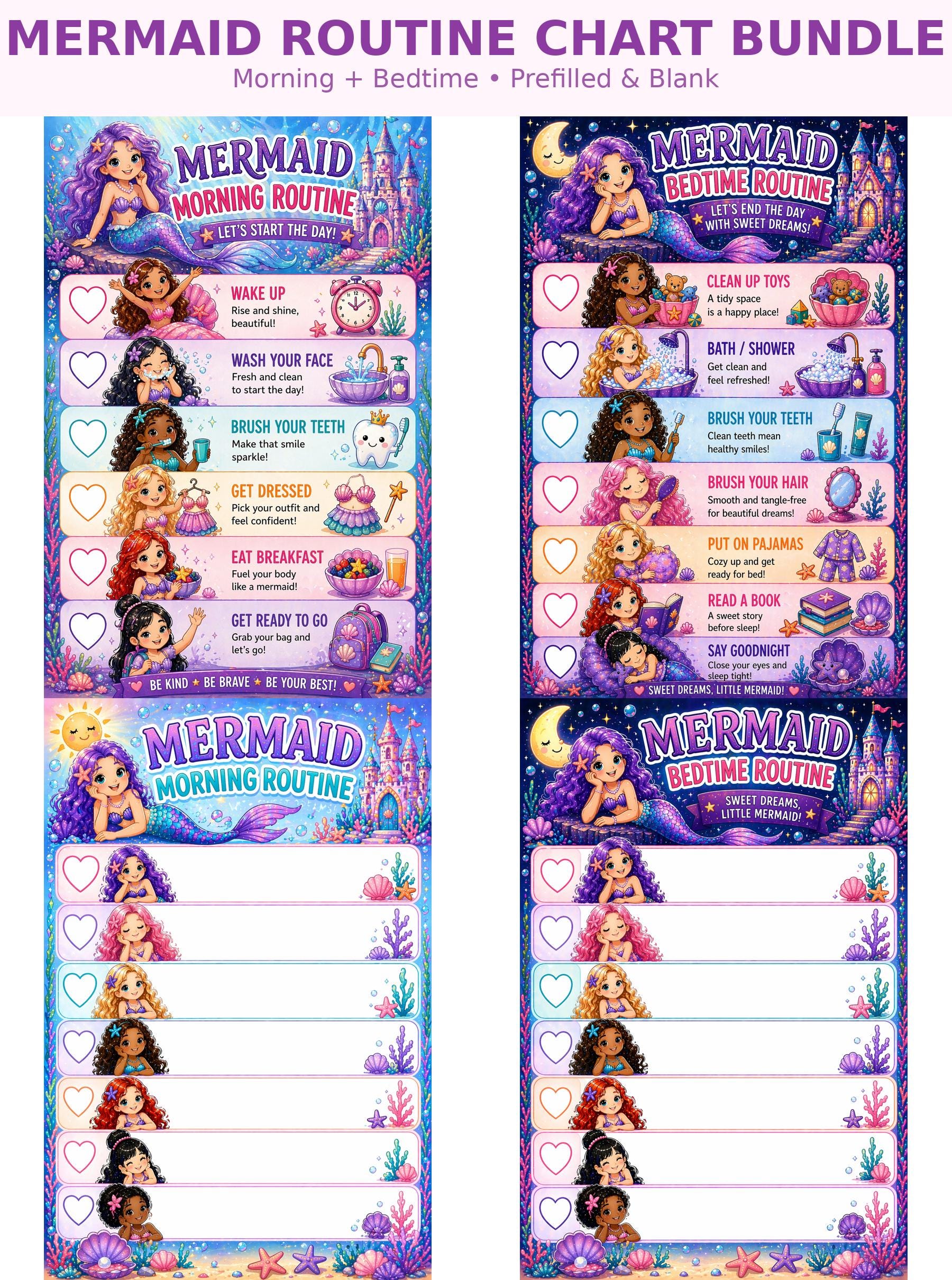 Mermaid Routine Chart Bundle Printable Morning and Bedtime Routine for ...