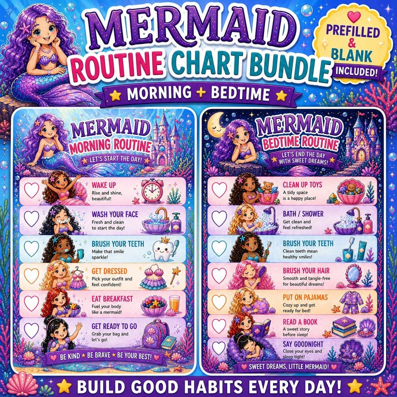 Mermaid Routine Chart Bundle Printable Morning and Bedtime Routine for ...