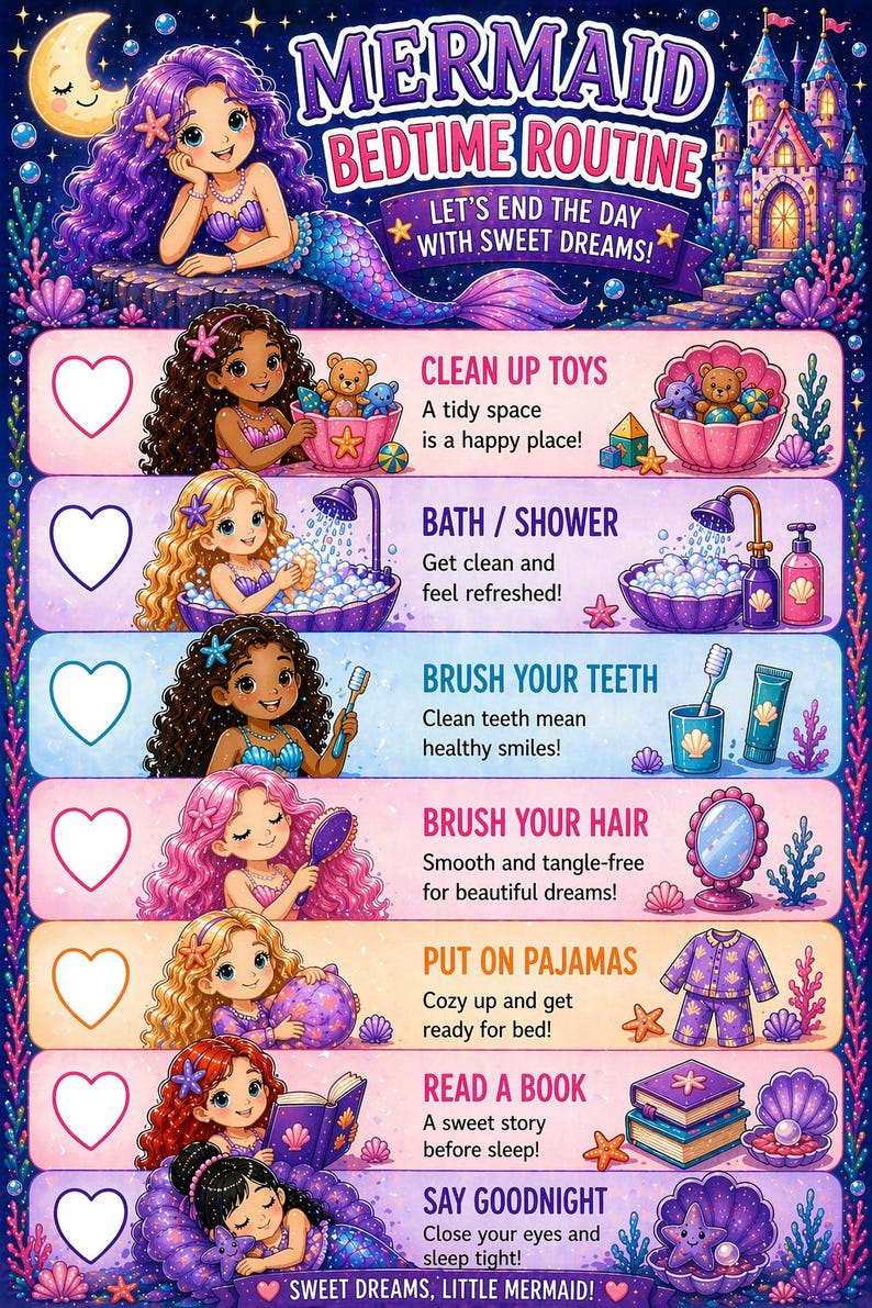 Mermaid Routine Chart Bundle Printable Morning and Bedtime Routine for ...