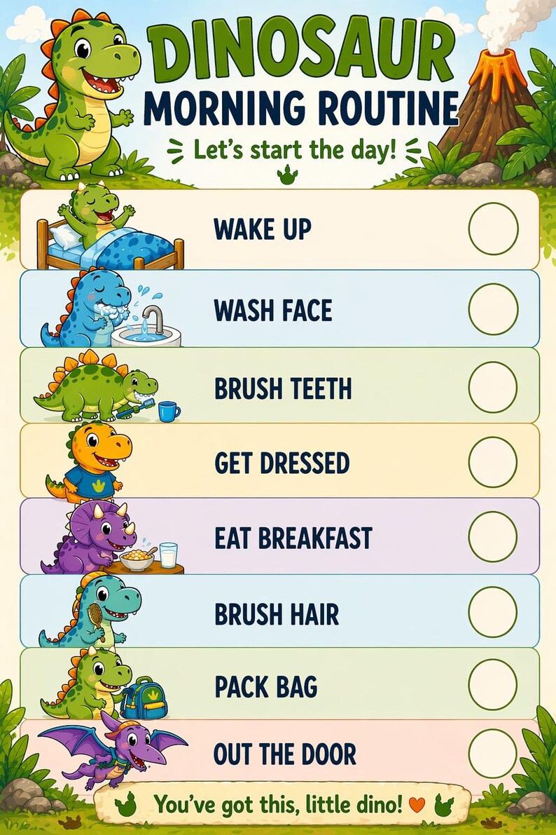 Dinosaur Routine Chart Printable, Morning & Bedtime Kids Schedule ...
