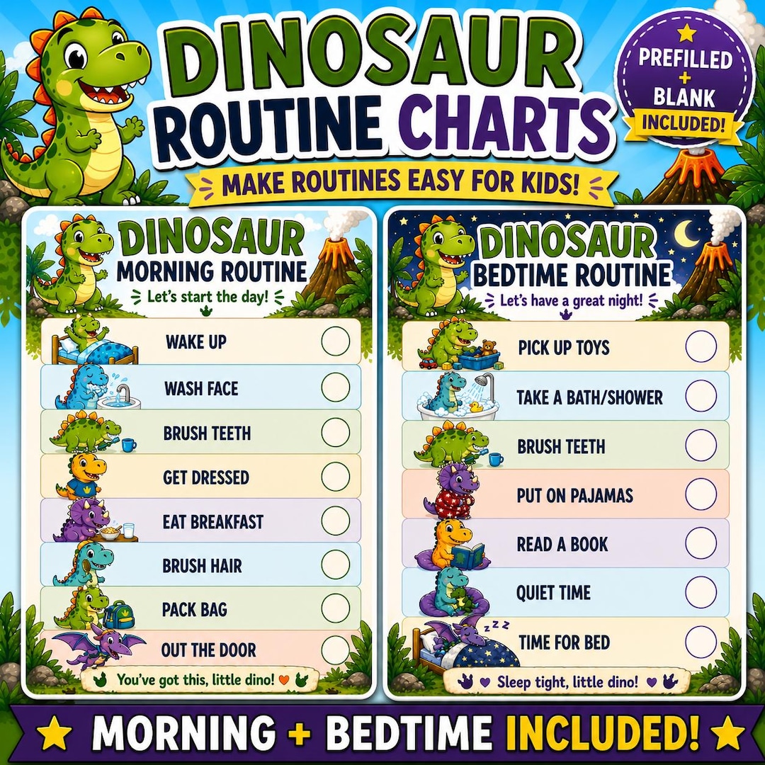 Dinosaur Routine Chart Printable, Morning & Bedtime Kids Schedule ...
