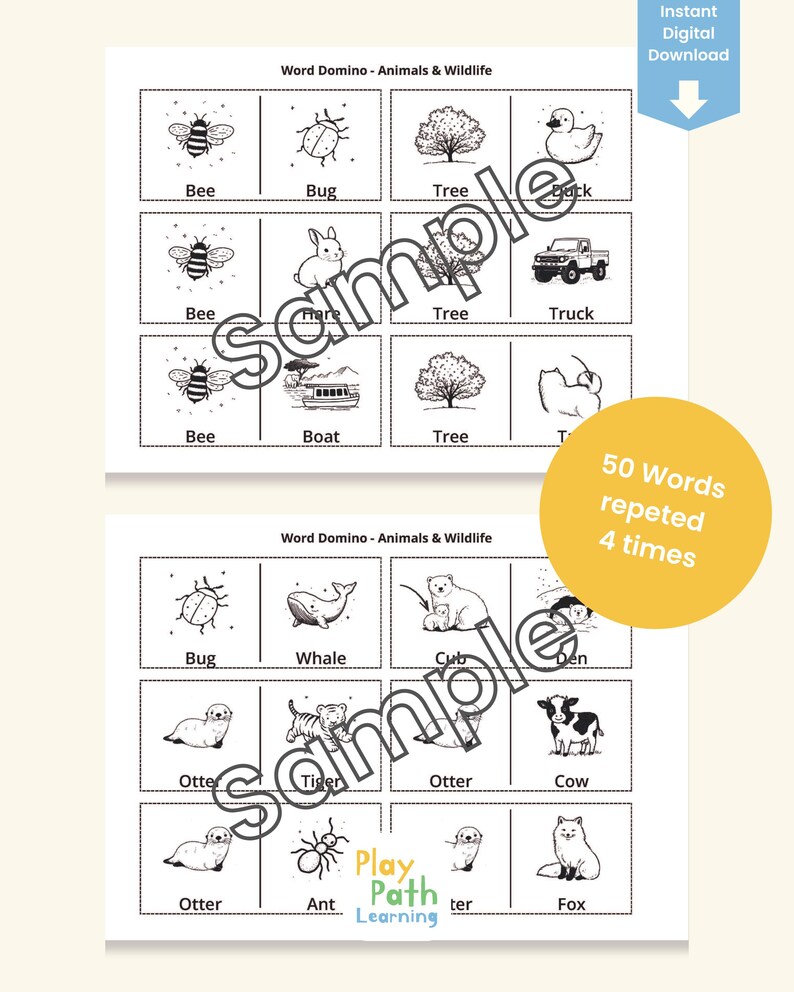 Animal Rhyming Words Game Printable | Word Domino for Kids | 100 Domino ...