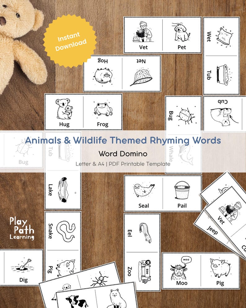 Animal Rhyming Words Game Printable | Word Domino for Kids | 100 Domino ...