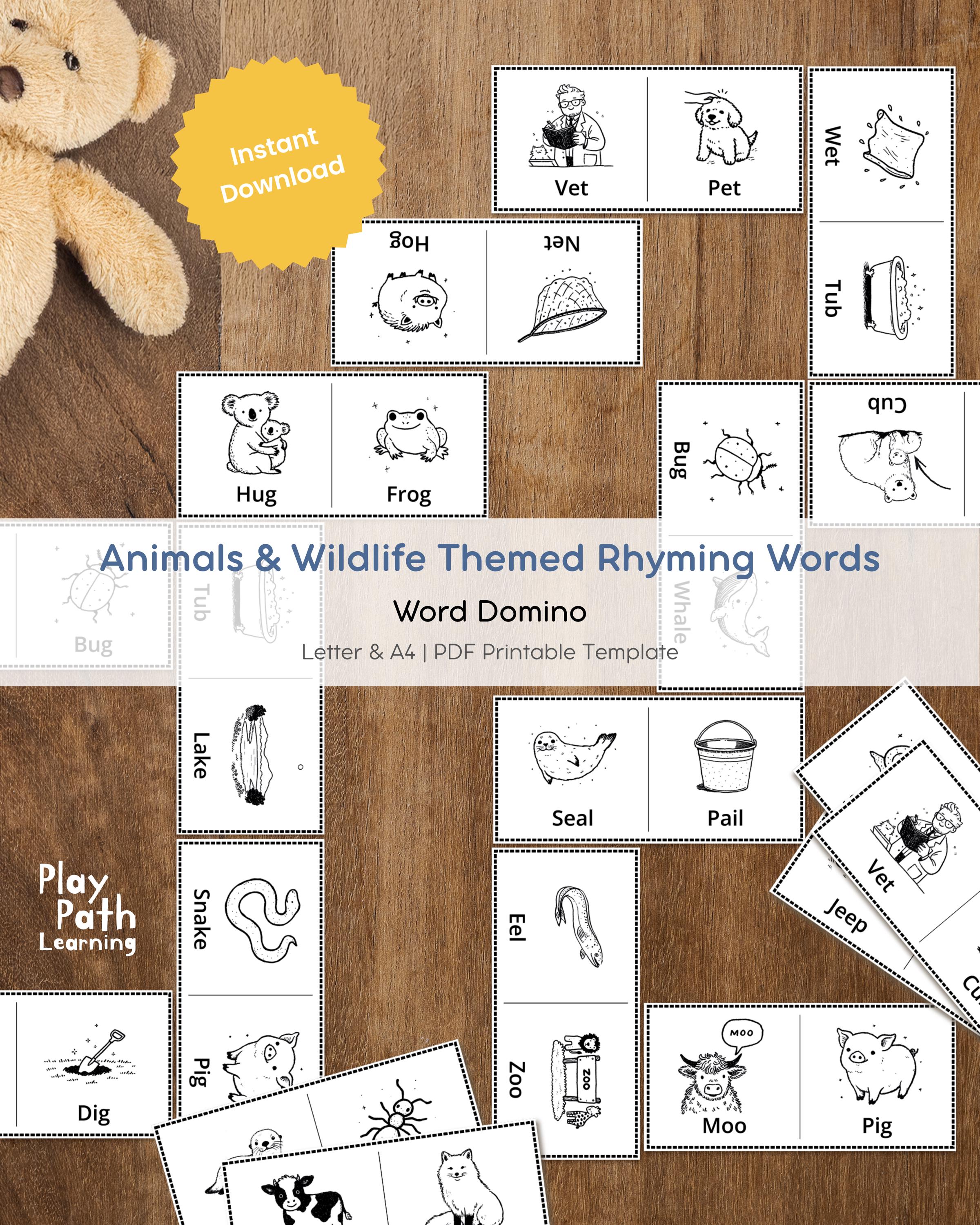 Animal Rhyming Words Game Printable | Word Domino for Kids | 100 Domino ...